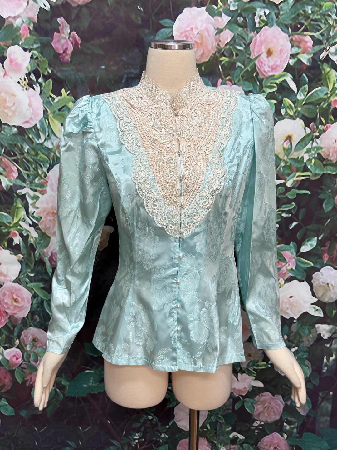 80s Ice Blue Satin Brocade Blouse Lace Yoke JC Penney NOS - Etsy