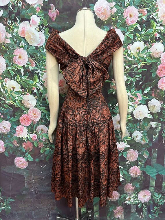 50’s Brown Patterned Taffeta Dress Cowl Neck Back Bow - Gem