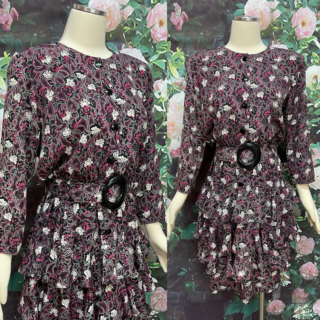 80s Apostrophe Purple Floral Dress Tiered Skirt - Etsy