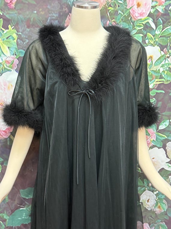 60s Black Chiffon Feather Peignoir Negligee Robe Nigh… - Gem