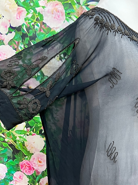 20s Blue Sheer Silk Floral Beaded Blouse Flapper - Gem