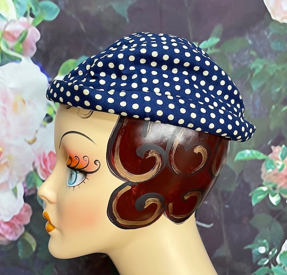 50s Navy Blue White Polka Dot Shell Hat Calot Turned … - Gem