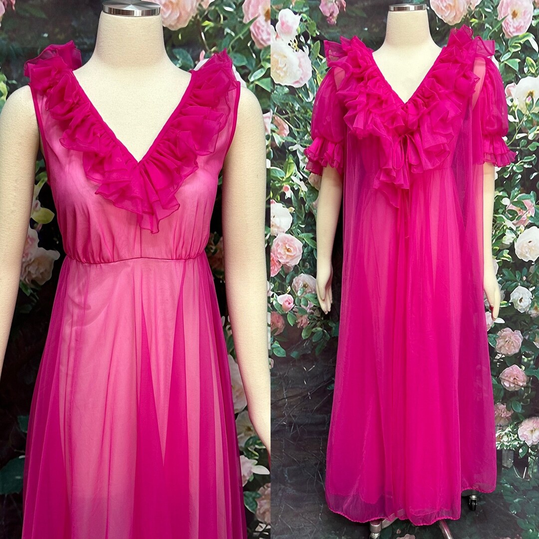 70s Jeunique Hot Pink Chiffon Ruffles Nightgown Robe - Etsy