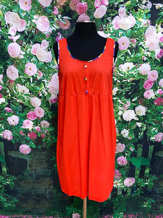 70s Radcliffe Red Nylon Nightgown Rainbow Flower Trim - Gem