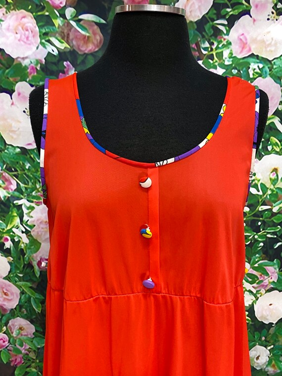 70s Radcliffe Red Nylon Nightgown Rainbow Flower Trim - Gem
