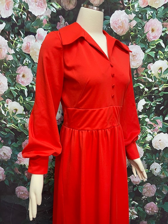 70s Red Polyester Knit Maxi Dress Dagger Collar - Gem