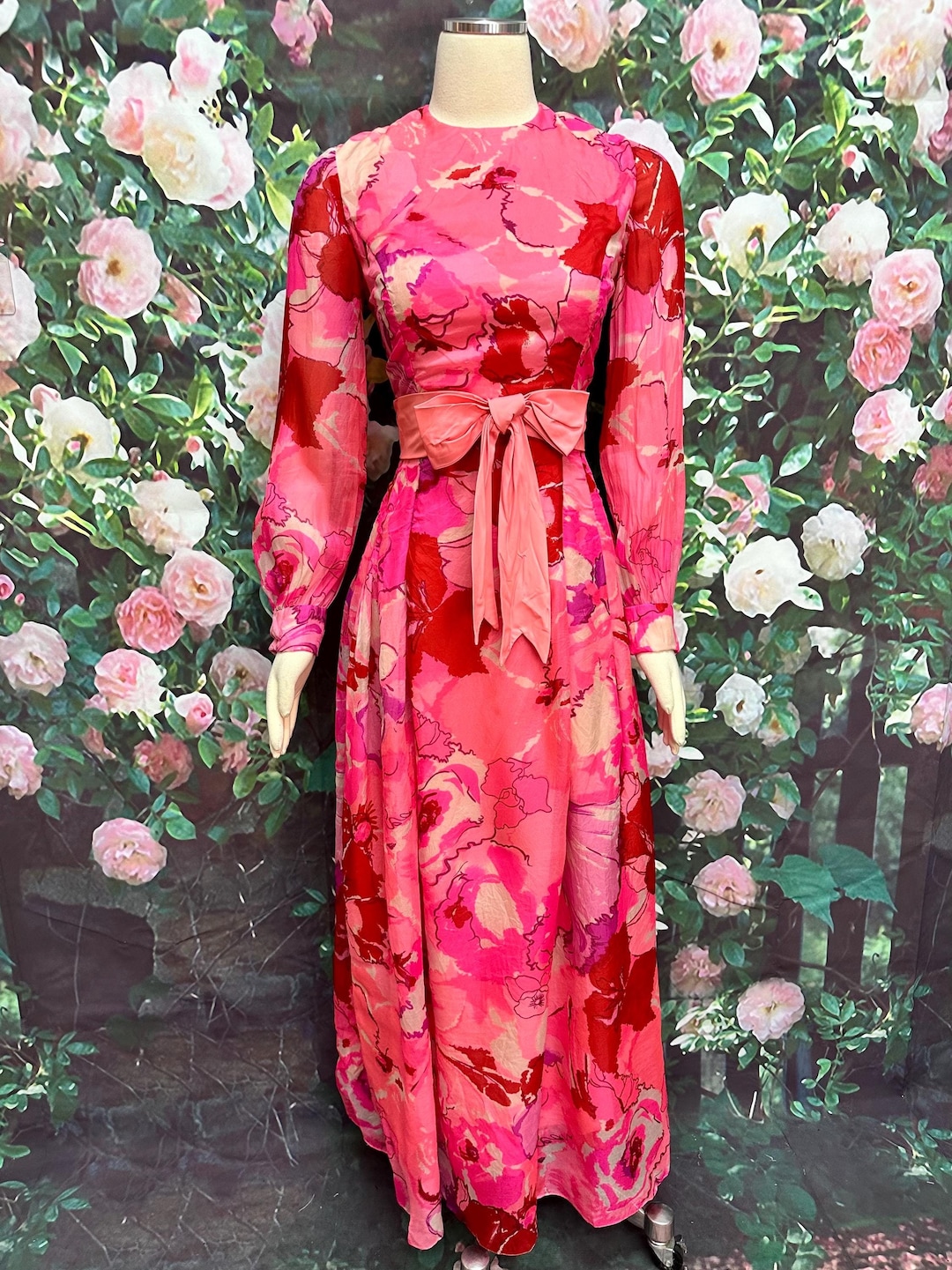 60s Pink Silk Maxi Dress Floral Alex Montclair Small - Etsy