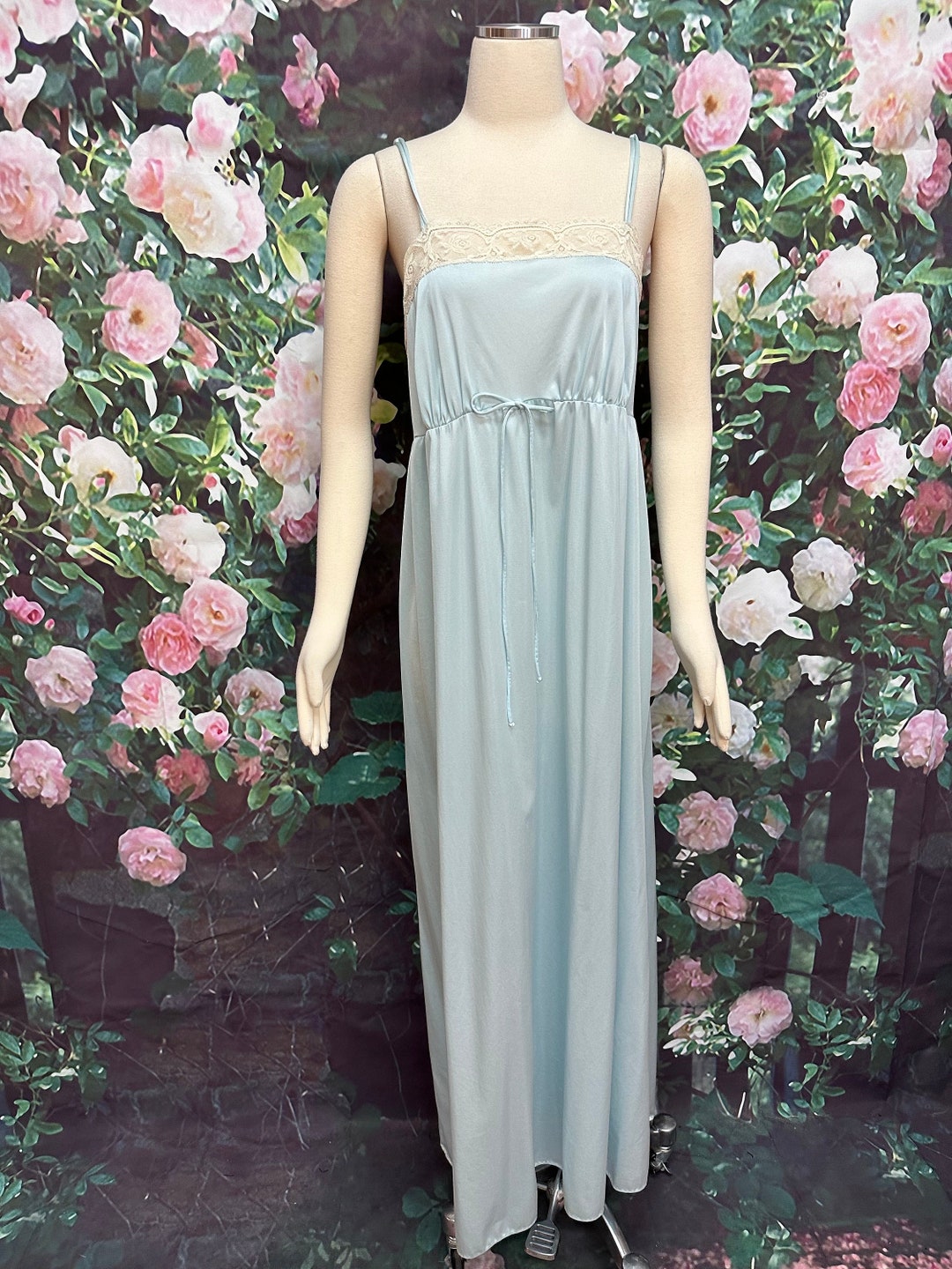 70s Lorraine Blue Slip Long Nightgown Rose Lace - Etsy