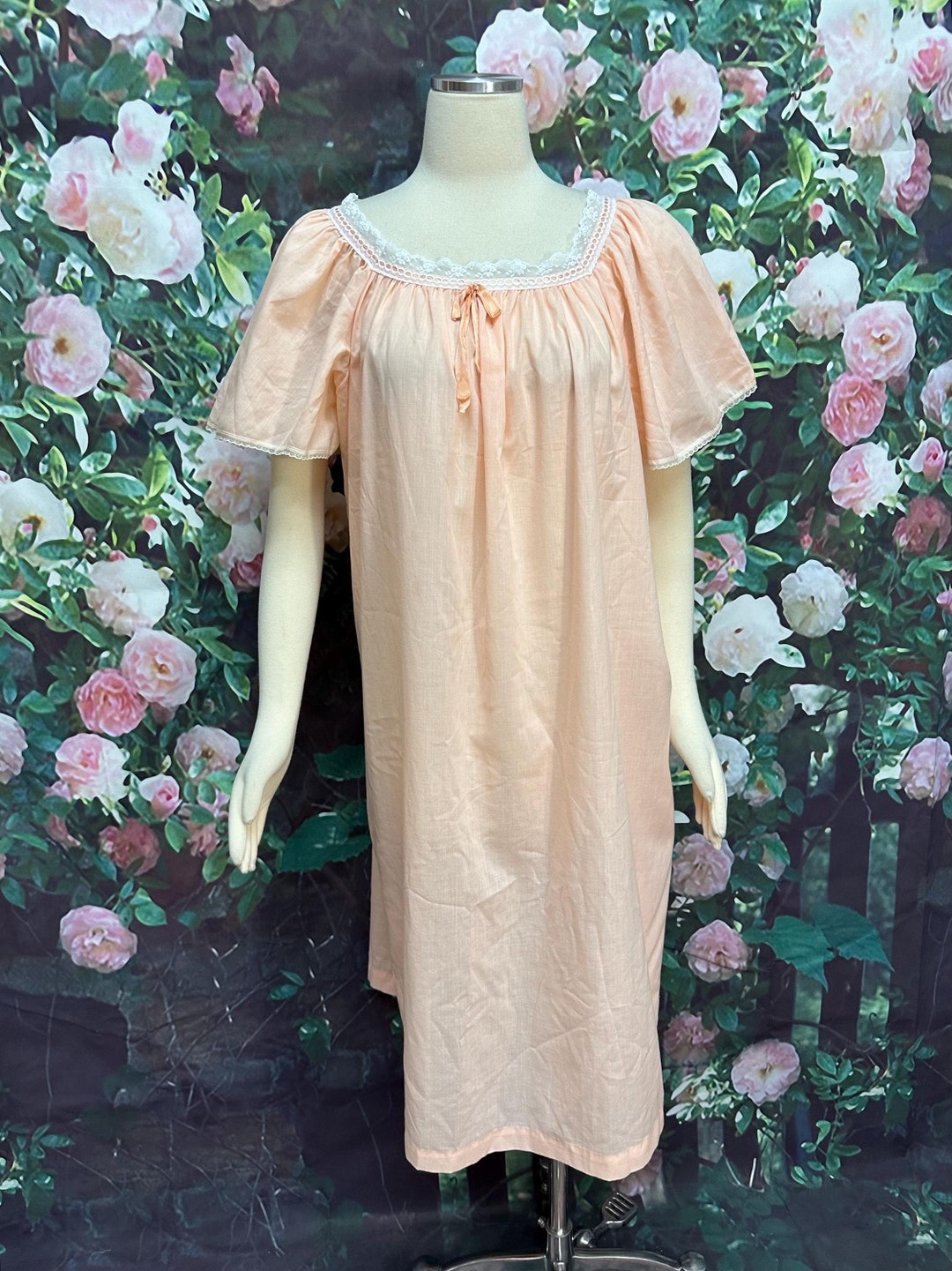 80s Peach Boho Nightgown Large Mid Length Nightie Poly Cotton - Etsy