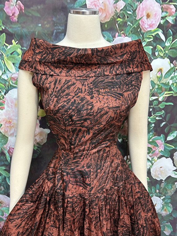 50’s Brown Patterned Taffeta Dress Cowl Neck Back Bow - Gem
