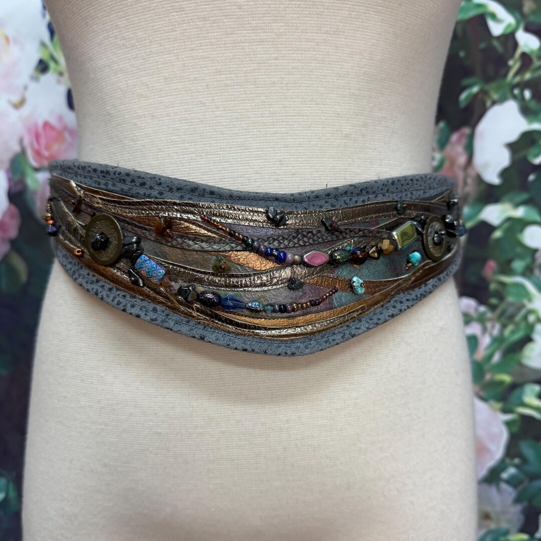 80s Pat Smiley Beaded Leather Belt Artisan Statement Belt - Etsy