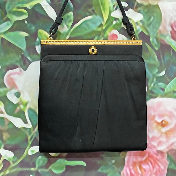 60s Lewis Black Satin Rhinestone Frame Purse - Gem