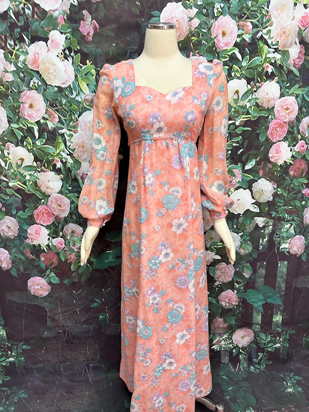 60s Boho Pink Floral Maxi Dress Blue Flower XS - Etsy