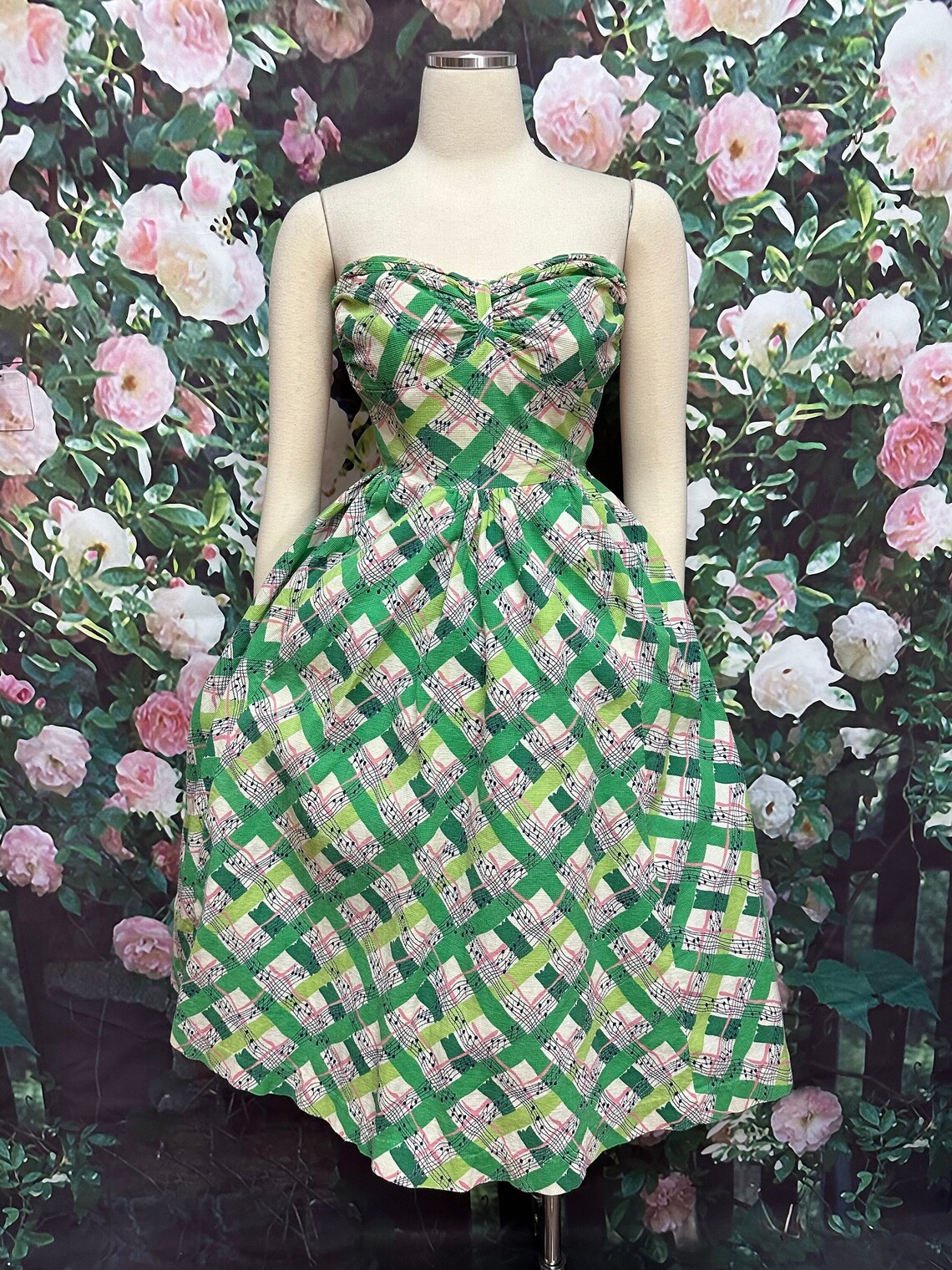 50s Green Musical Notes Strapless Dress XS Pinup Dress - Etsy