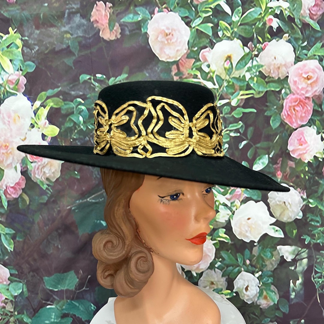 80s Joe Bill Miller Black Wool Boater Hat Gold Ribbon Trim - Etsy