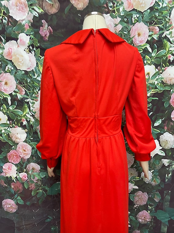 70s Red Polyester Knit Maxi Dress Dagger Collar - Gem