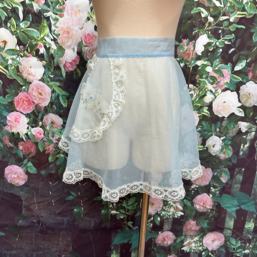 50s Blue Chiffon Lace Half Apron Heart Pocket Embroidered Flowers - Etsy