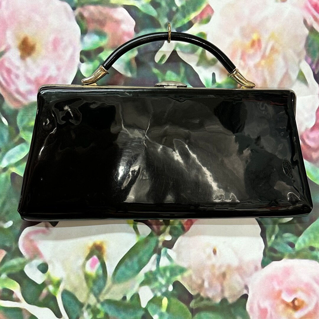 50s Black Patent Purse Fold in Handle Clutch - Etsy