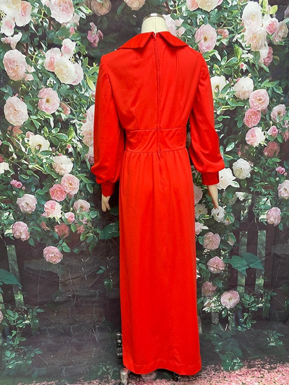 70s Red Polyester Knit Maxi Dress Dagger Collar - Gem