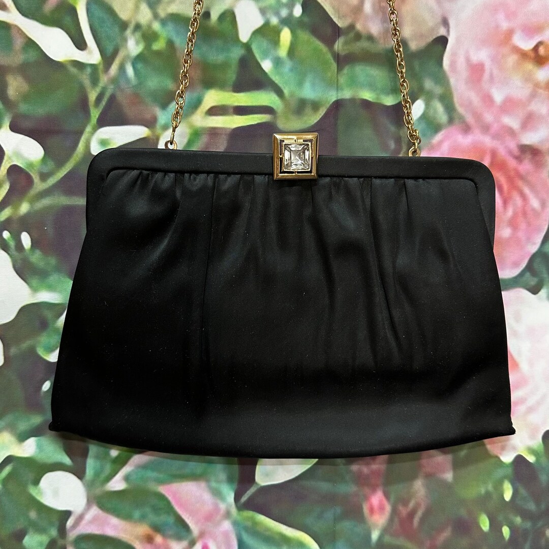 50s Black Satin Purse Large Rhinestone Clasp Clutch - Etsy