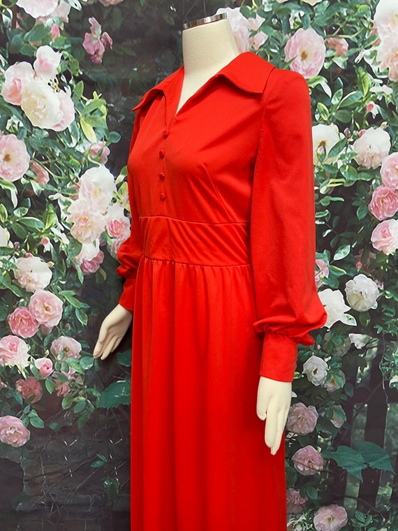 70s Red Polyester Knit Maxi Dress Dagger Collar - Gem