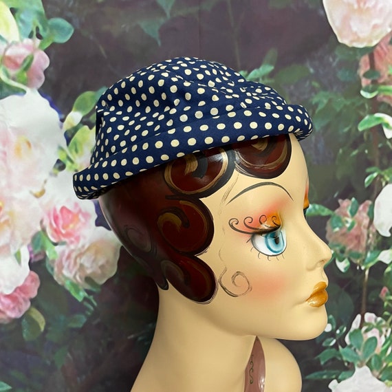 50s Navy Blue White Polka Dot Shell Hat Calot Turned … - Gem