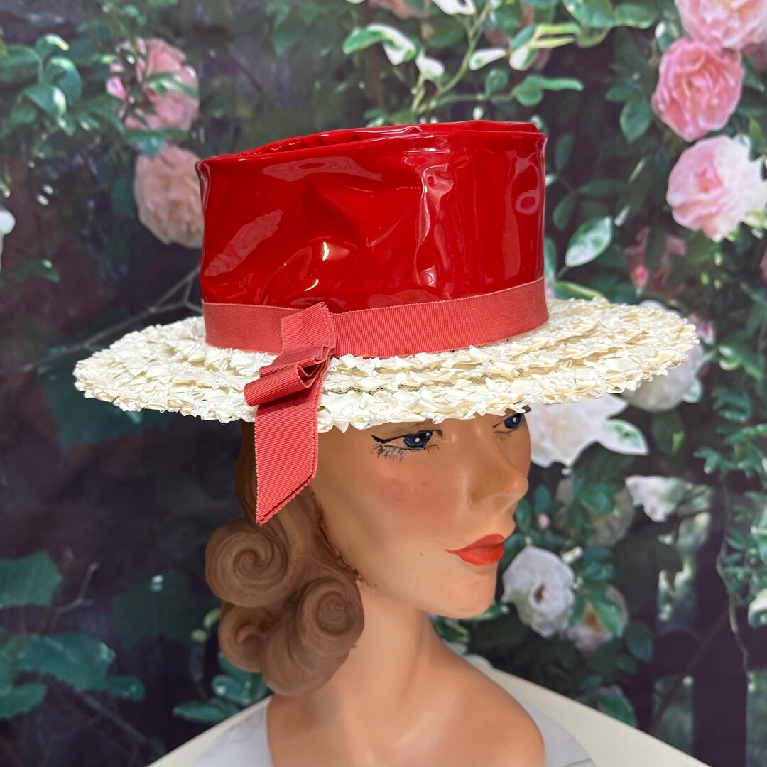 70s Mr Bert Red Vinyl Boater Hat Cellophane Brim - Etsy