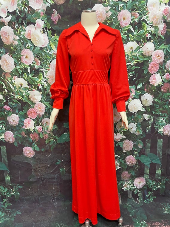 70s Red Polyester Knit Maxi Dress Dagger Collar - Gem