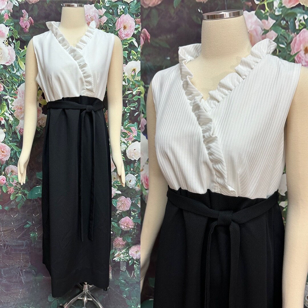 70s Marian Sue Black White Hostess Maxi Dress XL Poly Knit - Etsy