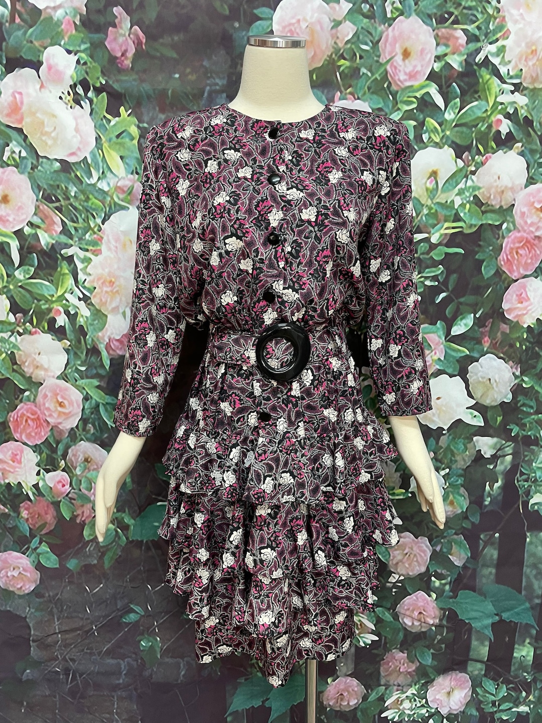 80s Apostrophe Purple Floral Dress Tiered Skirt Belted - Etsy
