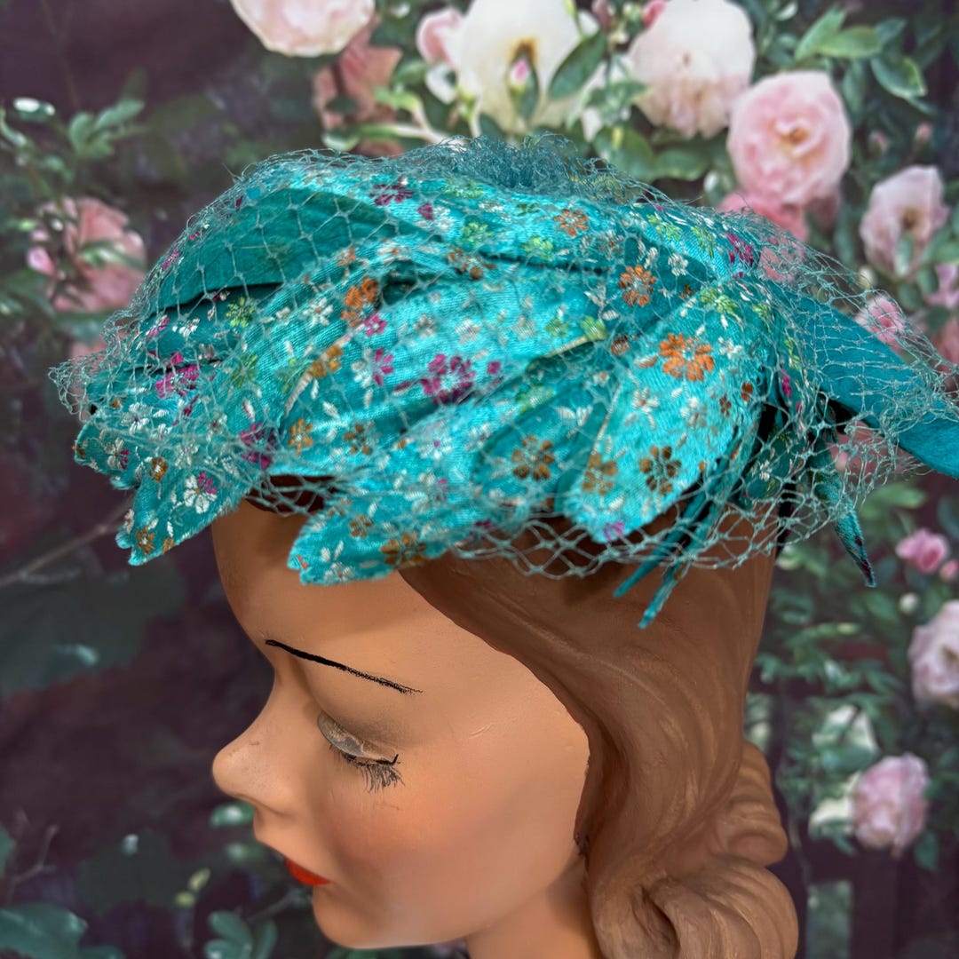 50s Turquoise Blue Floral Brocade Petal Hat Netted Pillbox Hat - Etsy