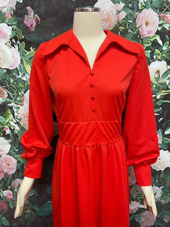 70s Red Polyester Knit Maxi Dress Dagger Collar - Gem