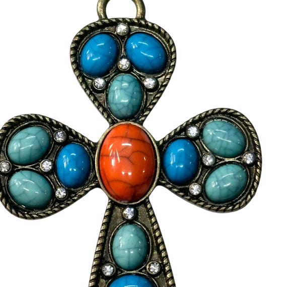 Vintage Large Pectoral Cross Pendant Faux Turquoise R… - Gem