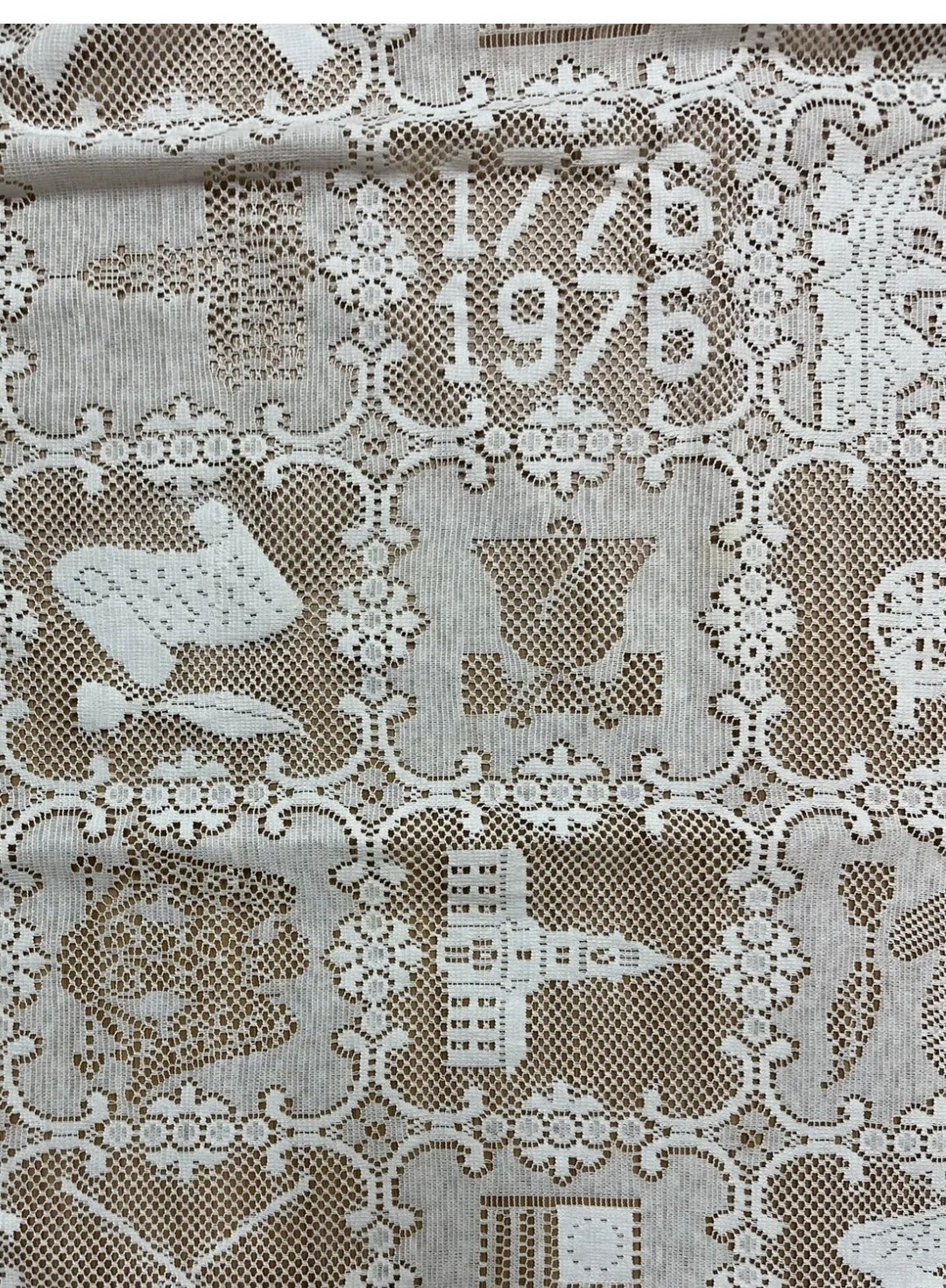 70s White Quaker Lace Bicentennial Tablecloth Patriotic America 82x 72 ...