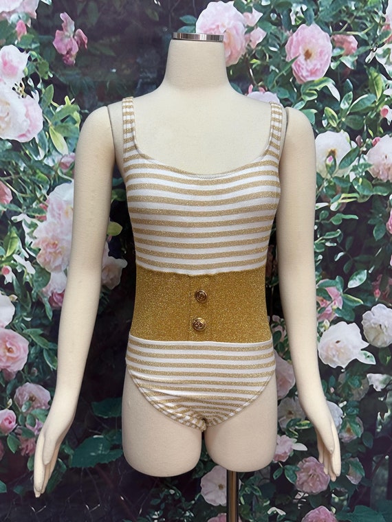 80s Gottex Gold Lurex Stripe Swimsuit Bathing Suit Ma… - Gem