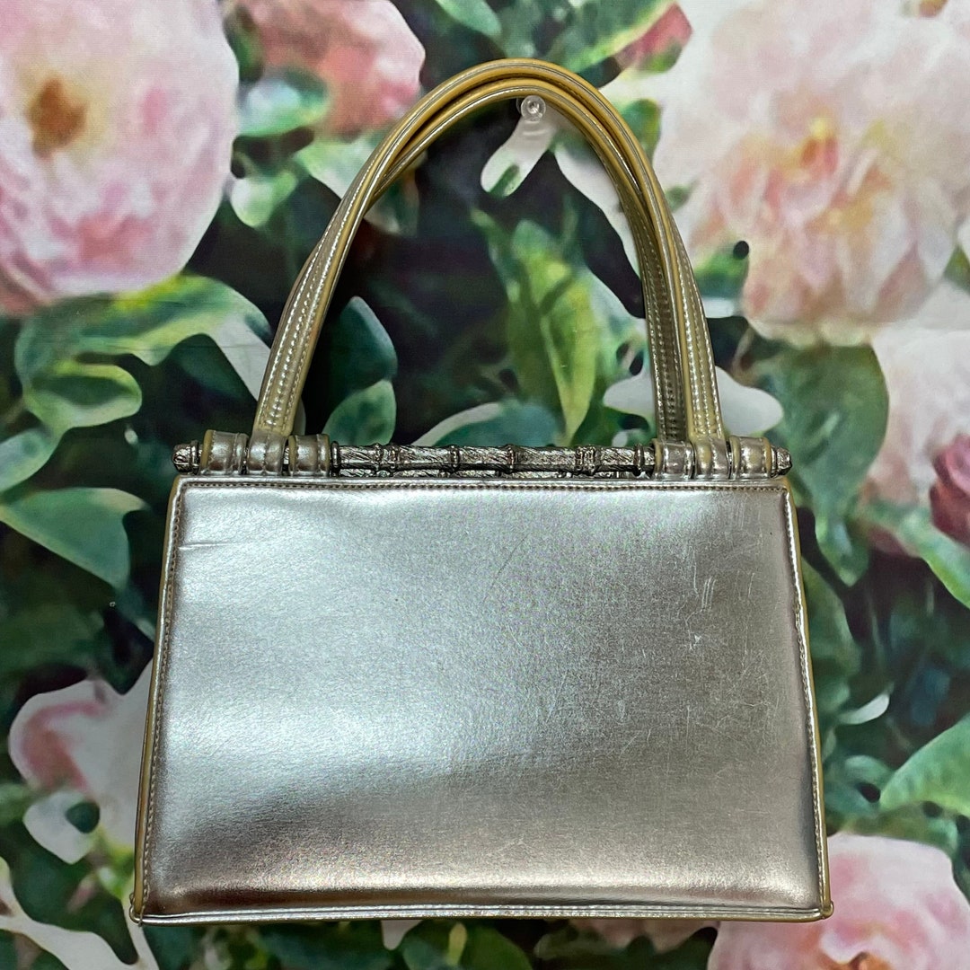 50s Silver Leather Structured Handbag Metal Bamboo Frame - Etsy