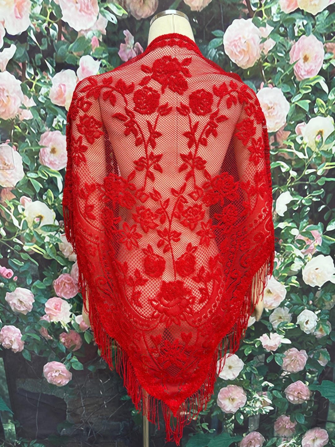 70s Red Chenille Triangle Shawl Fringed Flower Shawl Piano Shawl - Etsy
