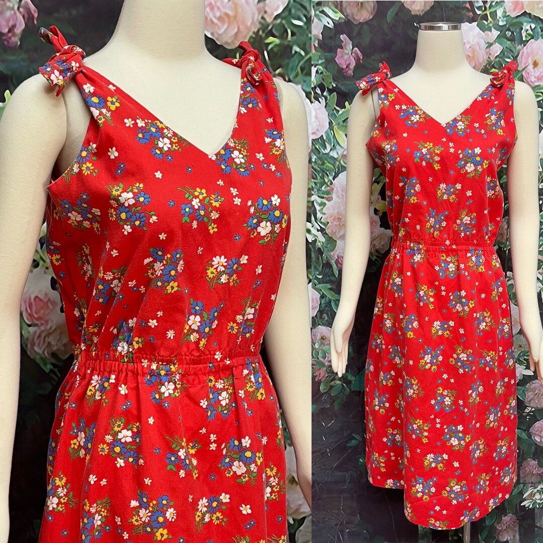 70s Red Floral Sundress Tie Shoulders Homemade - Etsy