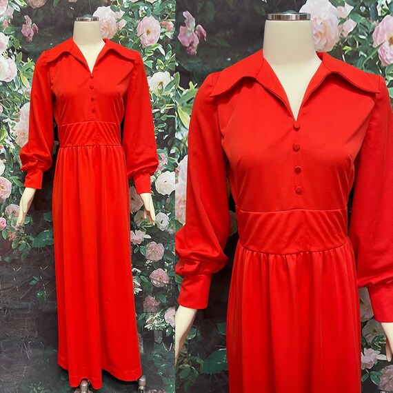 70s Red Polyester Knit Maxi Dress Dagger Collar - Gem