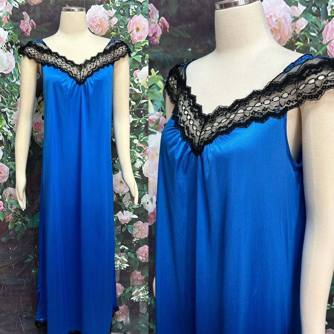 80s Gotham Blue Long Nightgown Black Lace - Etsy