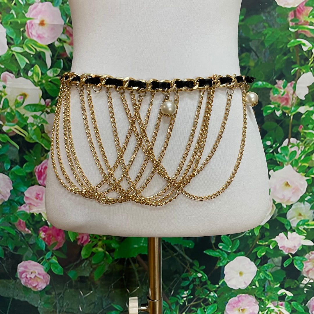80s Gold Swag Chain Belt Layered Chains Black Leather Pearl Drops - Etsy