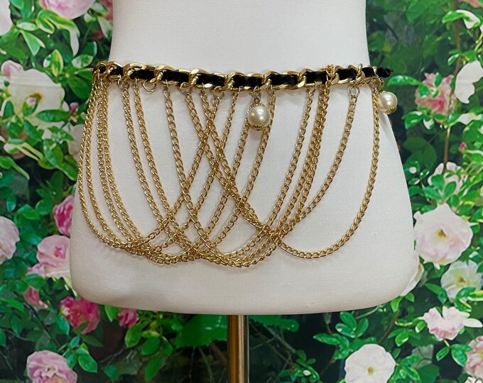 80s Gold Swag Chain Belt Layered Chains Black Leather Pearl Drops - Etsy