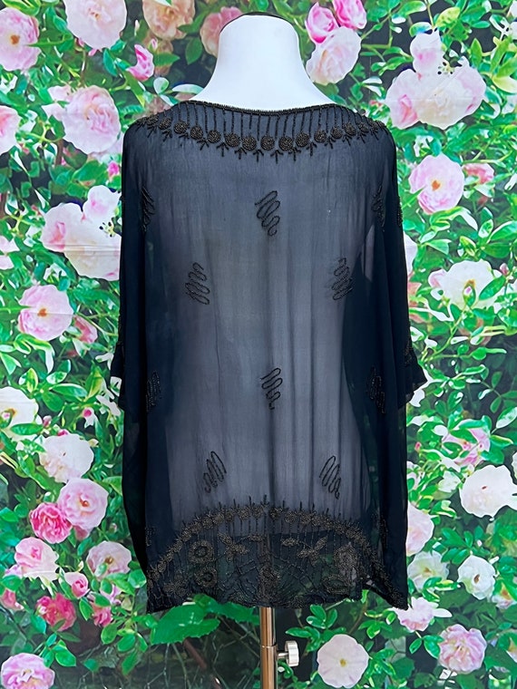 20s Blue Sheer Silk Floral Beaded Blouse Flapper - Gem