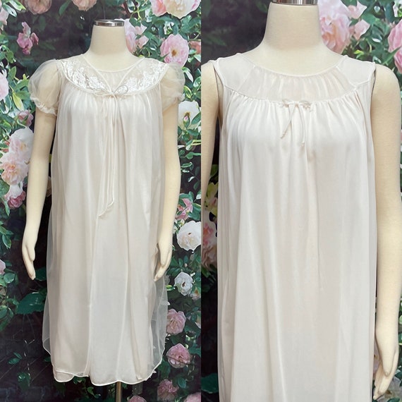 60s White Chiffon Negligee Peignoir Set Bridal Nightg… Gem
