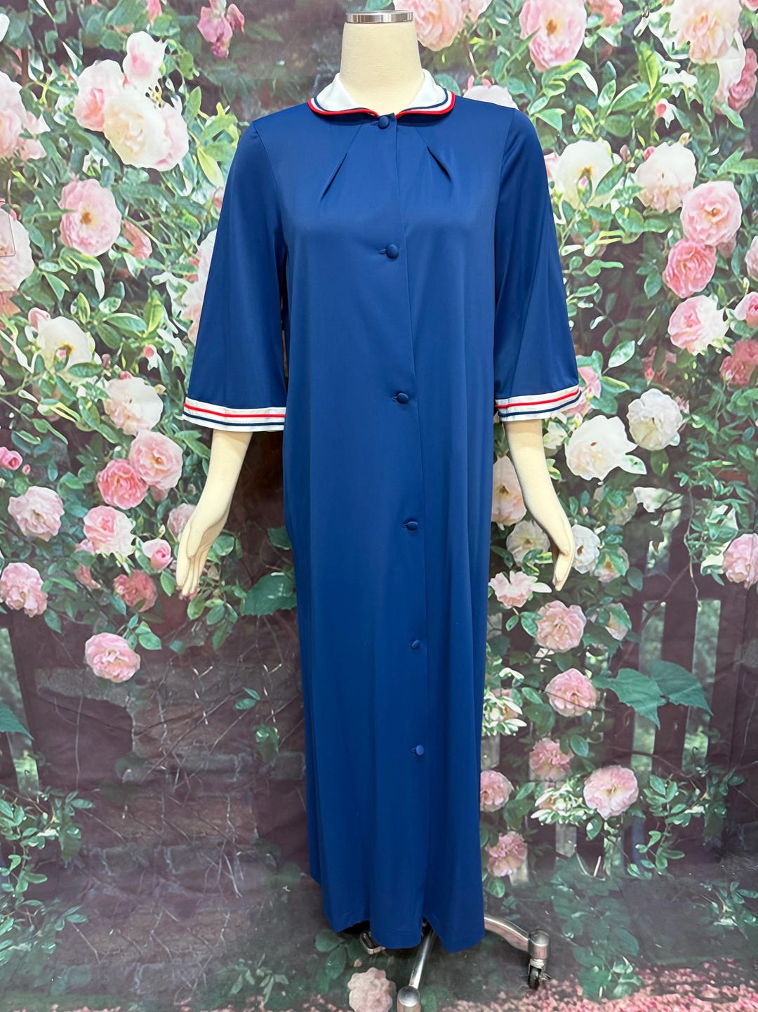 70s Lorraine Blue Nylon Robe Red White Blue Trim - Etsy