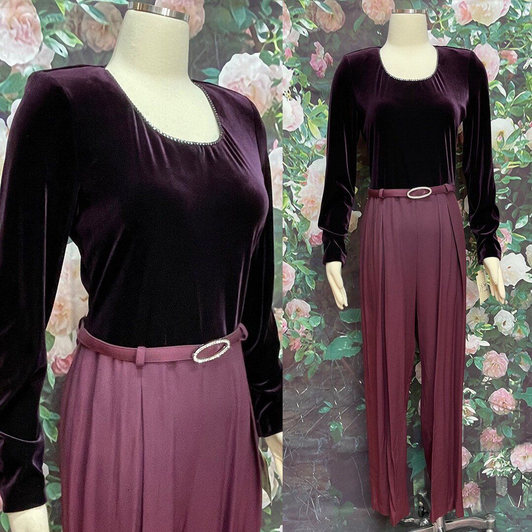 80s Purple Velvet Jumpsuit DJ Summers Rhinestone Belt - Etsy