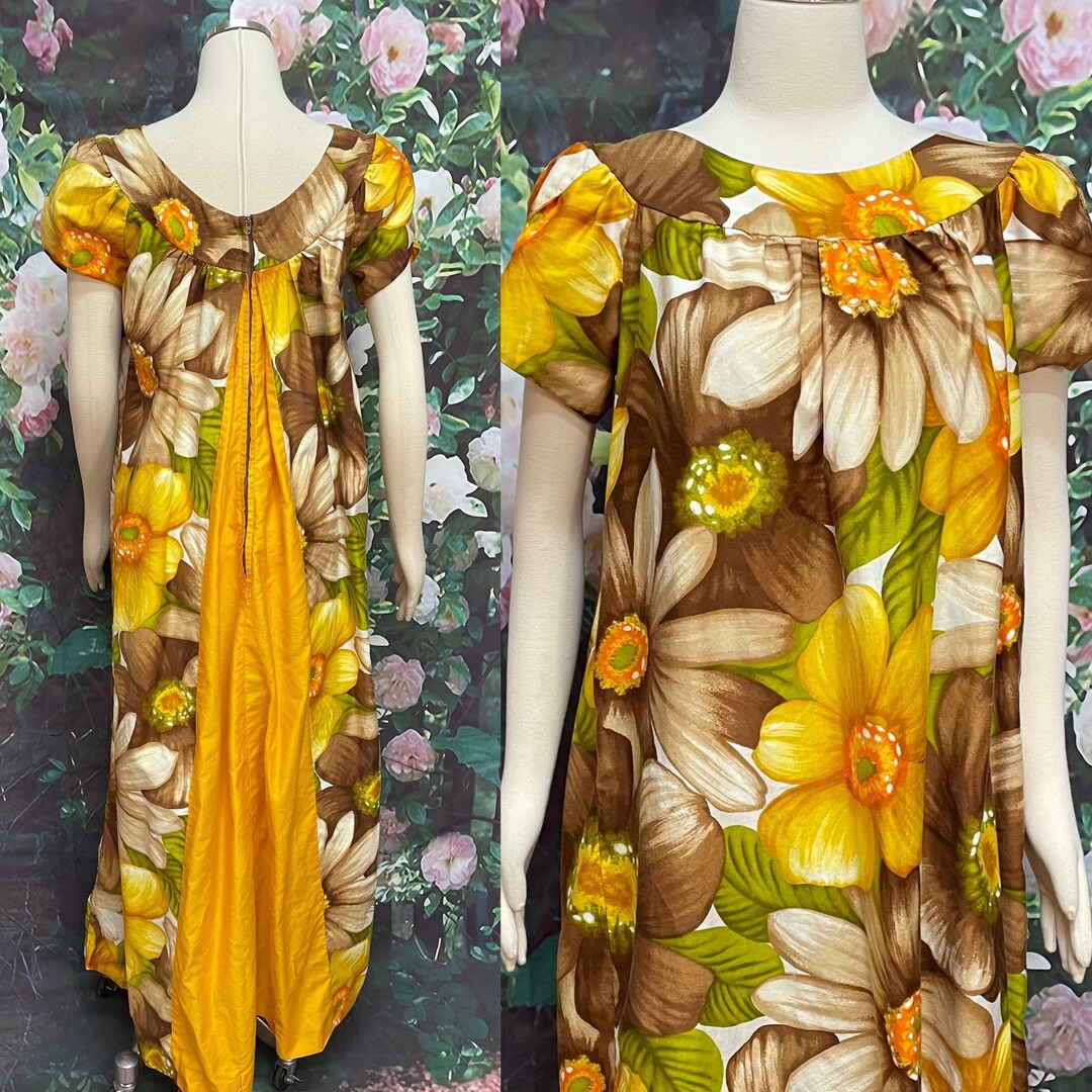 70s Alice Polynesian Yellow Tropical Flower Maxi Dress Hawaiian - Etsy