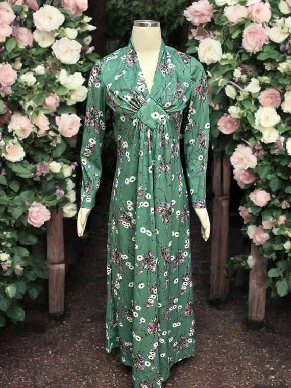 70s Andrea Gayle Green Floral Maxi Dress Polyester Kn… - Gem