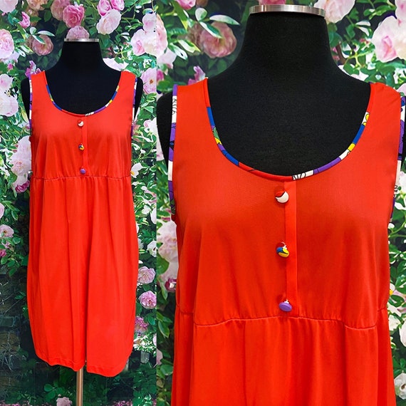 70s Radcliffe Red Nylon Nightgown Rainbow Flower Trim - Gem