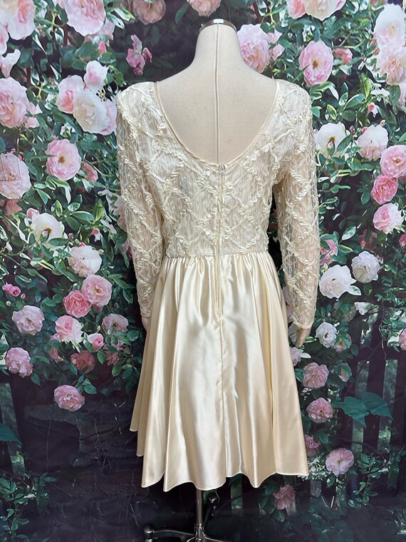 80s Filigree Ivory Satin Lace Sequin Party Dress - Gem